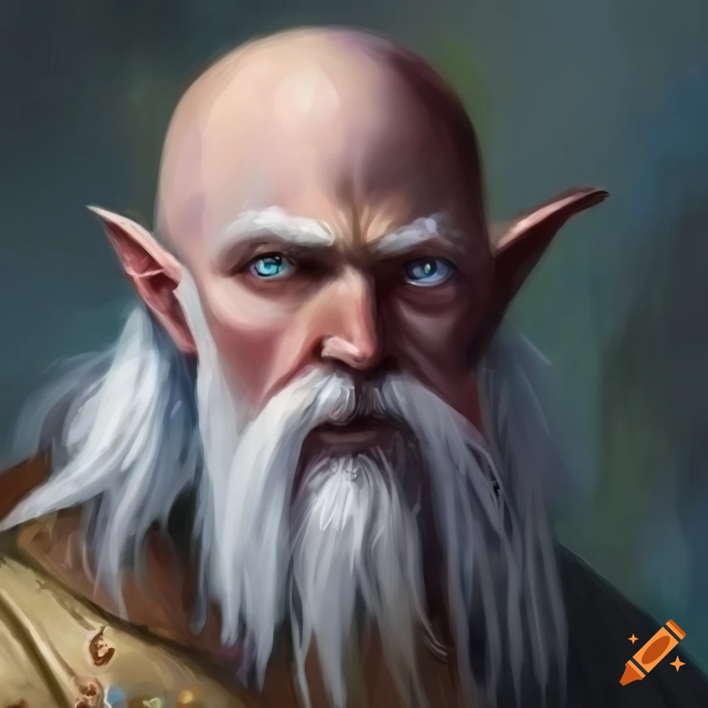Bald elf cleric with long white beard on Craiyon