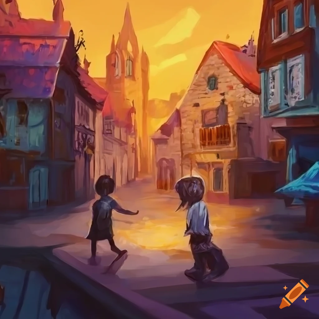 Child boy and girl in a daytime town in MTG art style on Craiyon