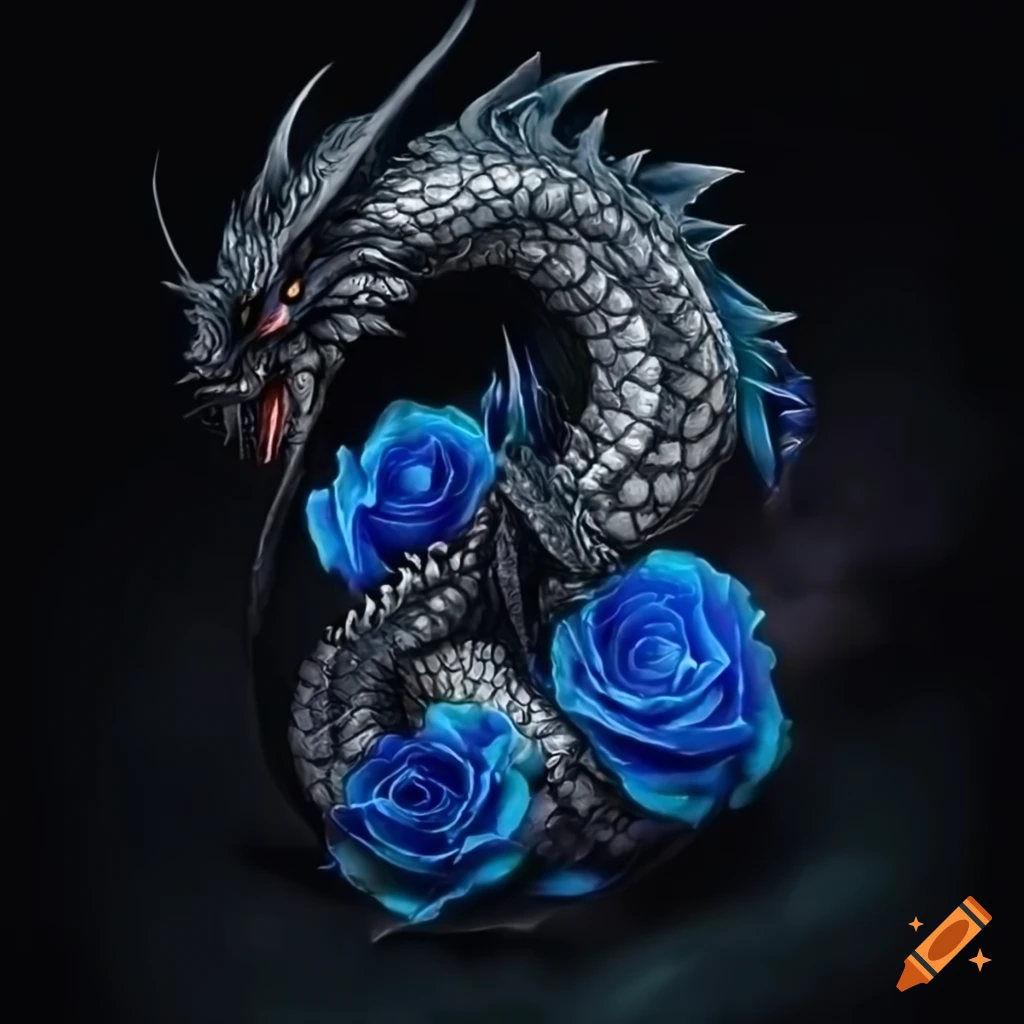 Black dragon intertwined with blue roses on Craiyon