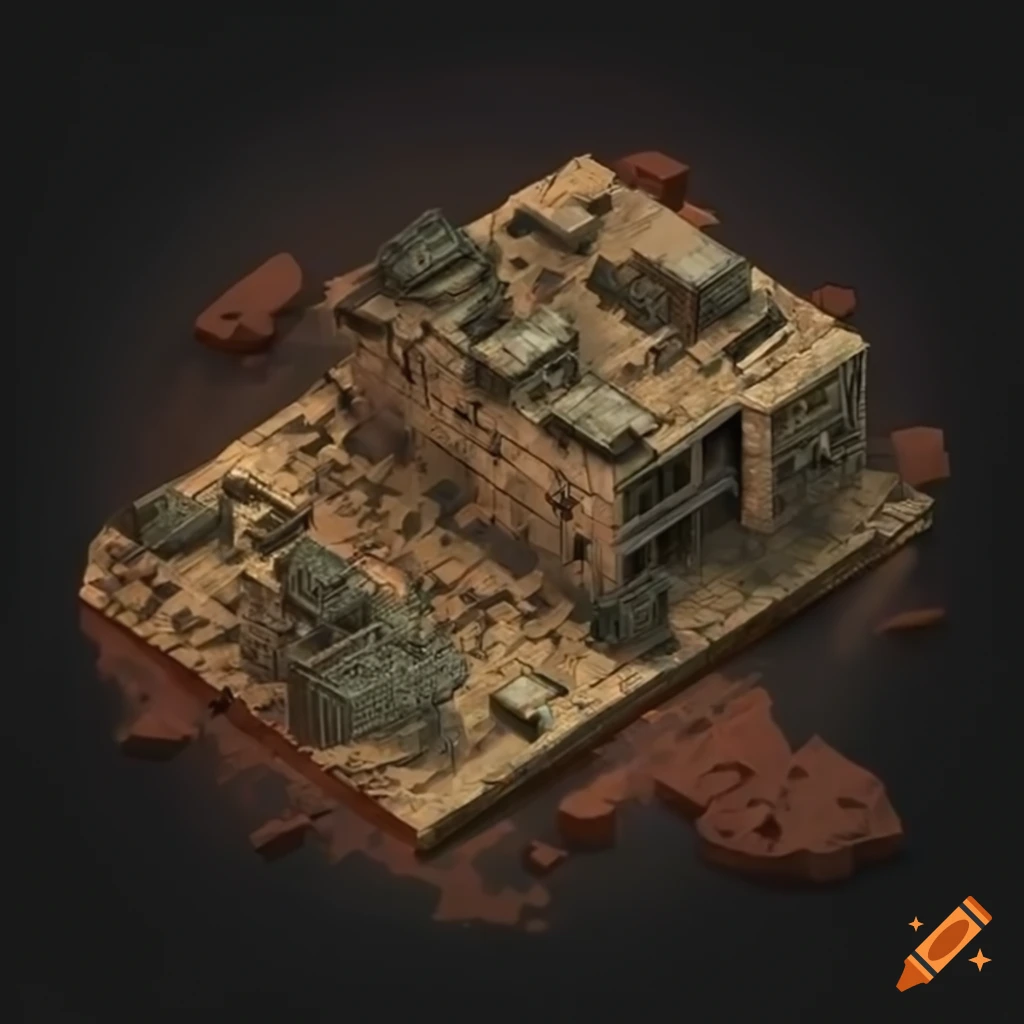 Isometric 3d map of a post-apocalyptic nuclear wasteland on Craiyon