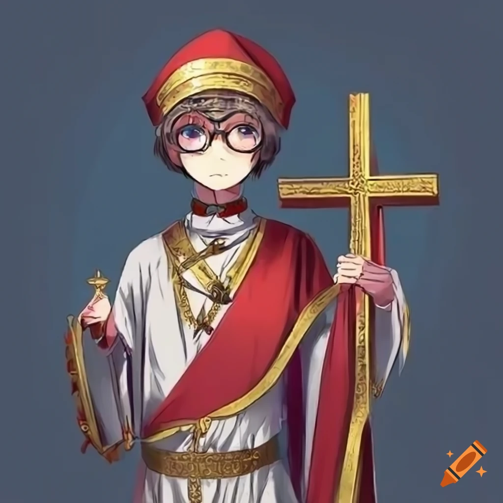 Anime boy with glasses in roman archbishop outfit holding a cross on ...