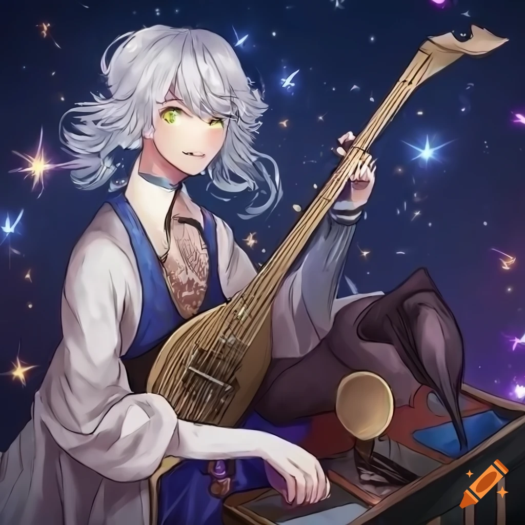 Silver-haired bard with stars in anime art playing music on Craiyon
