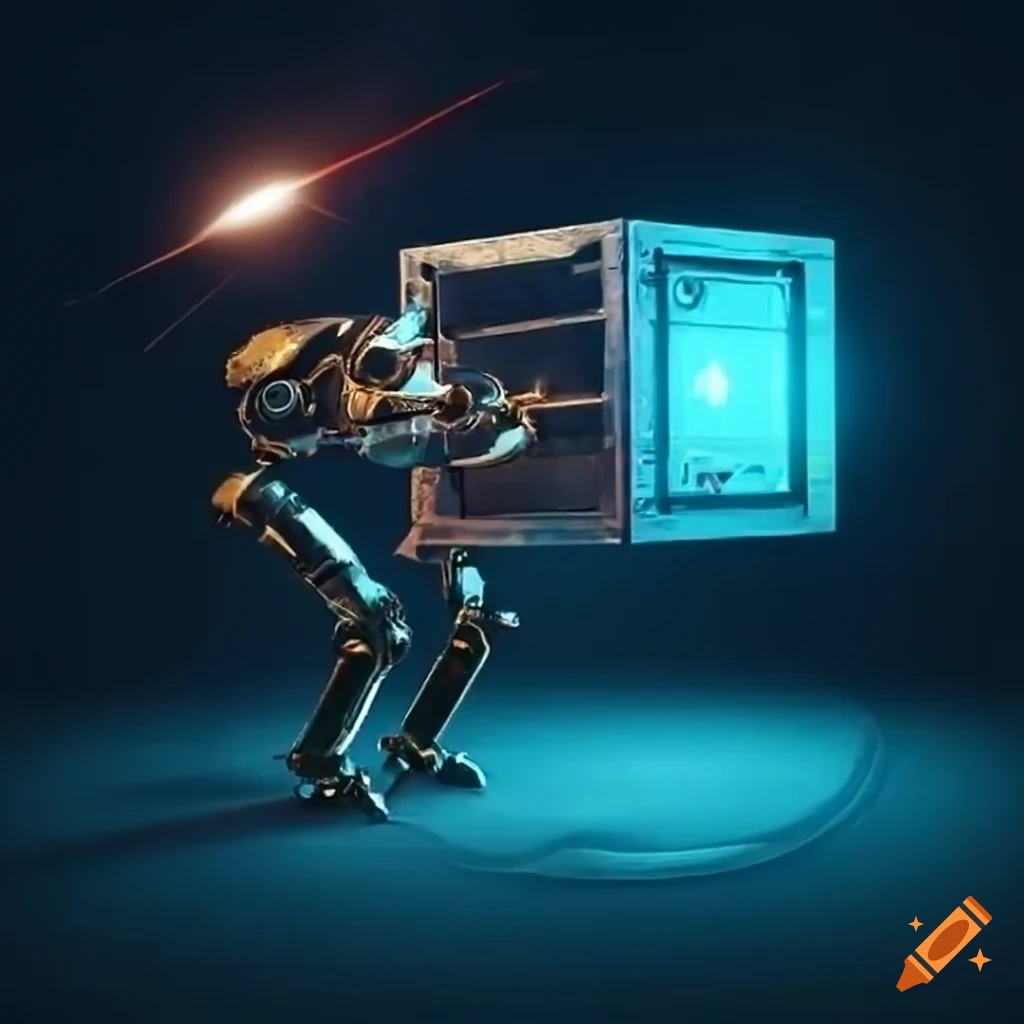 Robot pushing a crate towards a laser on Craiyon