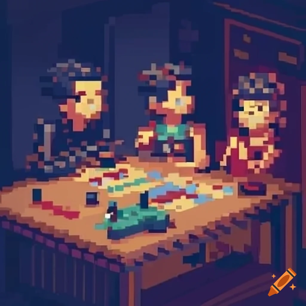 Pixel art of friends playing board games in vintage Japan video game style on Craiyon