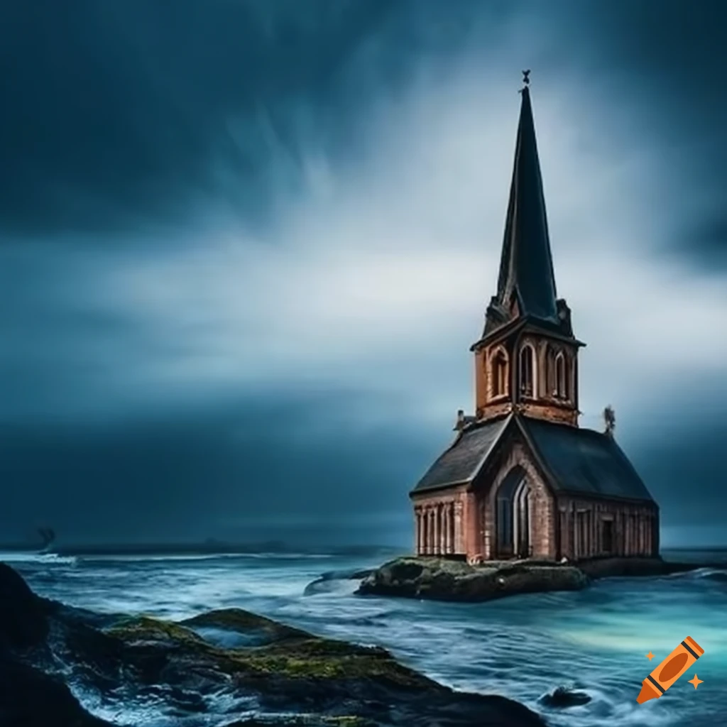 Church on rock surrounded by waves on Craiyon