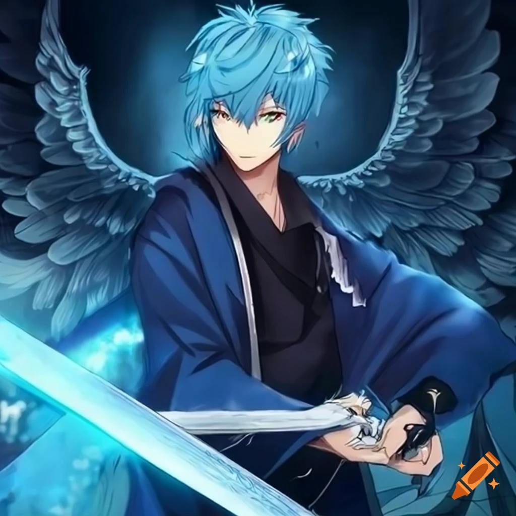 Anime character with blue hair, sword, and white wings on Craiyon