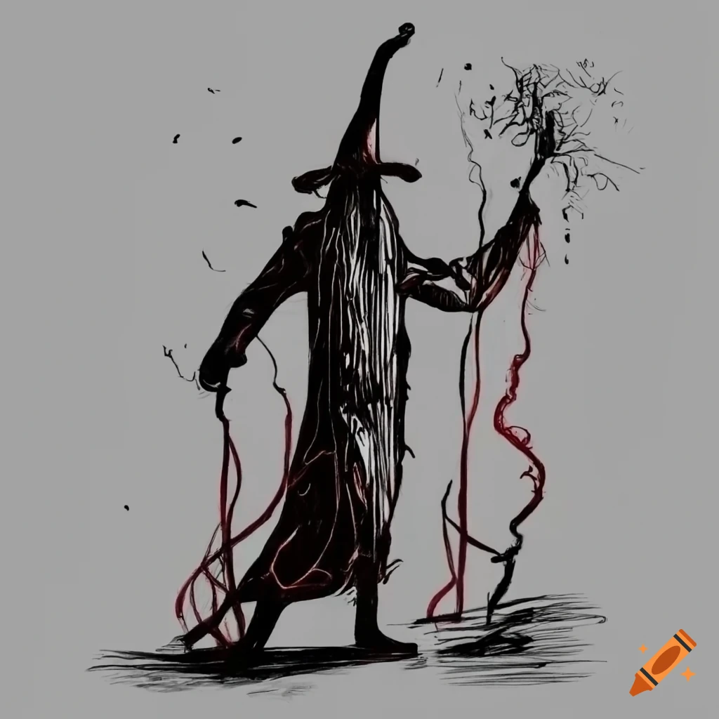 Silhouette of a wizard dueling with lightning from magic wand on white ...