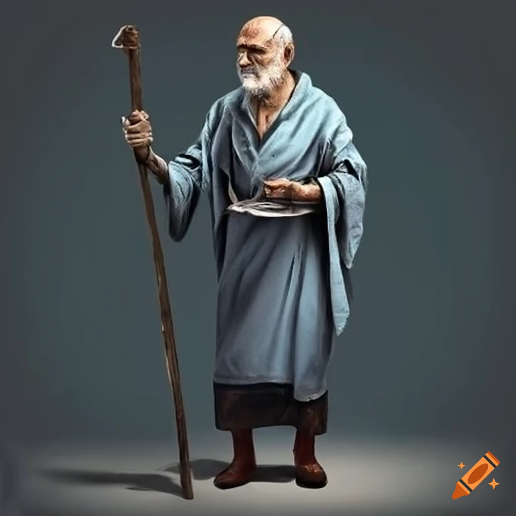 Elderly man in long robe holding a wooden staff on Craiyon