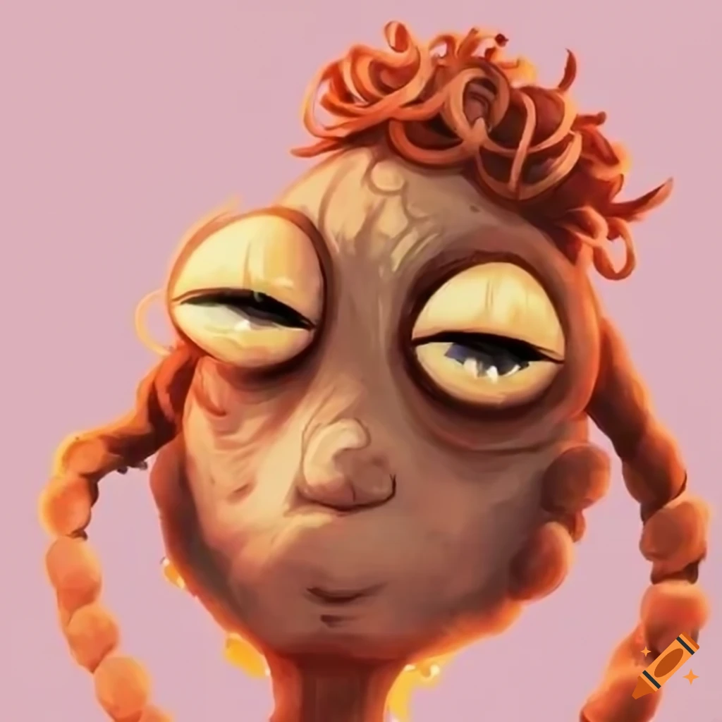 Cute anthropomorphised meatball with big eyes and spaghetti arms on Craiyon