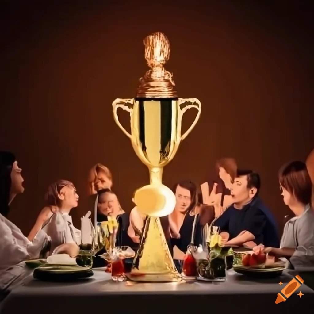 People seated at a table with a giant trophy as the centerpiece on Craiyon
