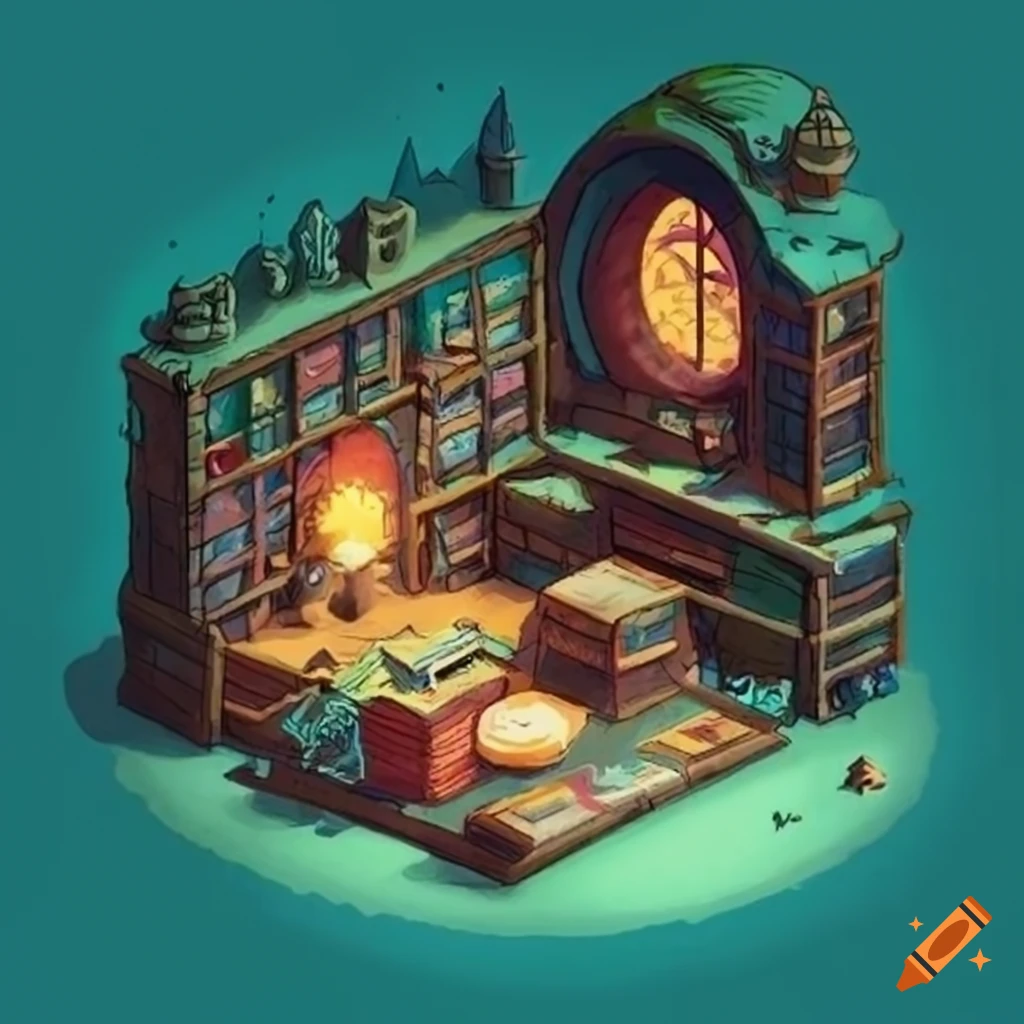 Isometric magical library in ghibli style on Craiyon