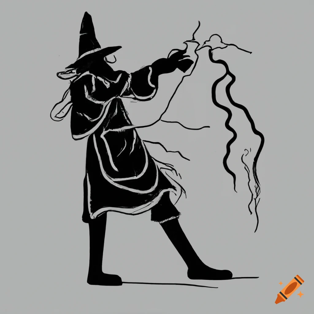 Silhouette of dueling wizard with lightning shooting from magic wand on ...