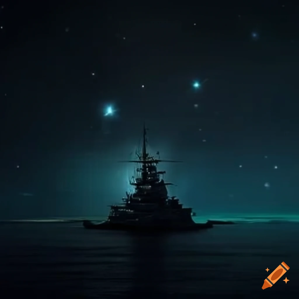 Battle-tested warship soaring past glowing stars on Craiyon