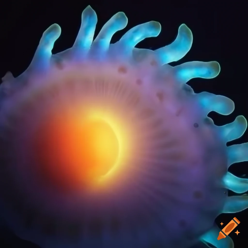 Florescent sea creature reaching for intense light in the dark ocean on ...