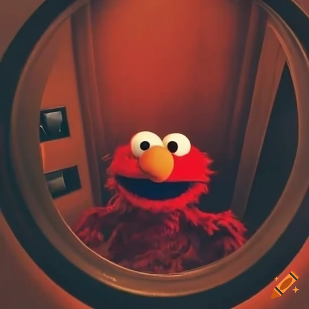 Elmo looking into fish eye elevator camera with red eyes on Craiyon