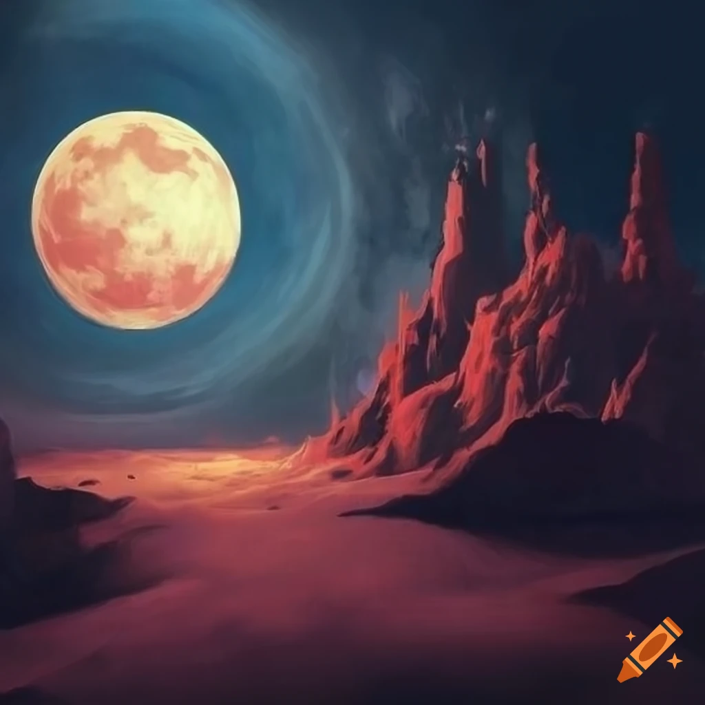 Alien moon in a starless red sky over a barren wasteland on Craiyon