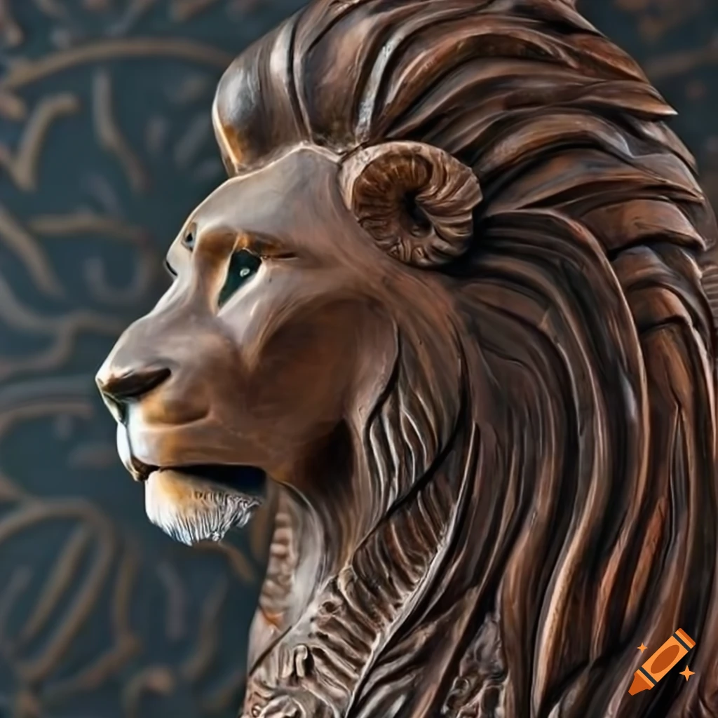 Full-body lion figure carved on dark ebony wood desk with African ...