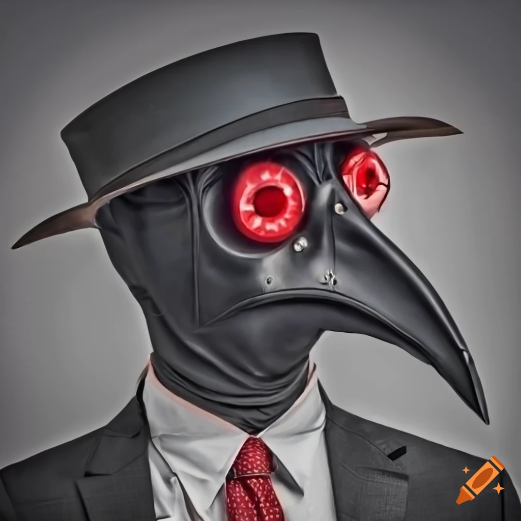 Tall man in black suit with red tie wearing plague doctor mask on Craiyon