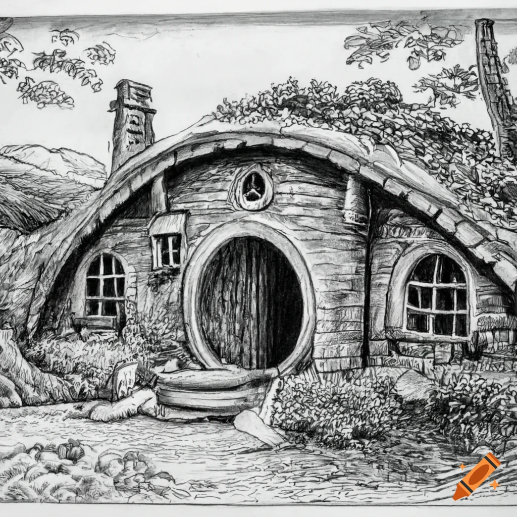 Hobbit house pencil drawing in black and white on a sheet on Craiyon