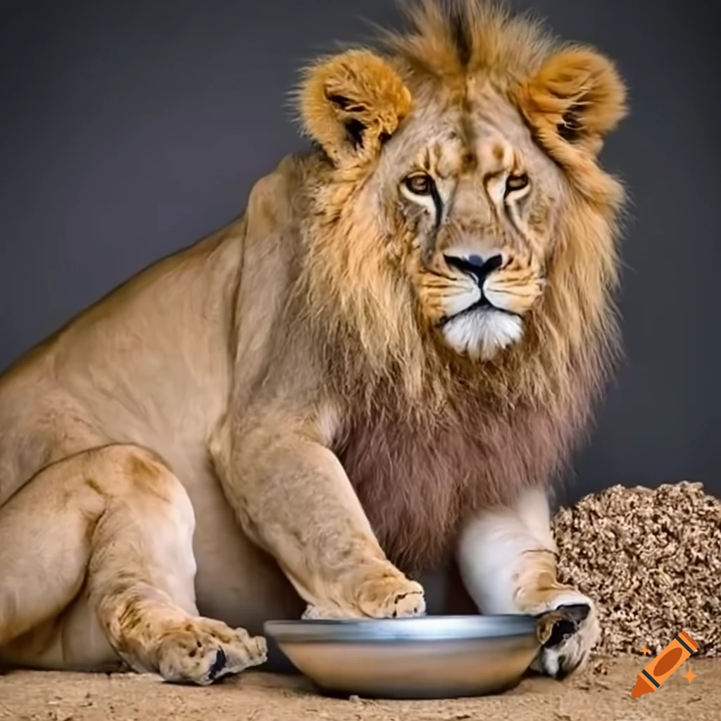Lion sitting and feeding on wheat bran from a bowl on Craiyon