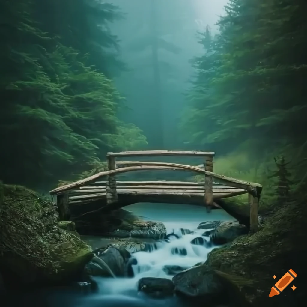 Bridge over a stream leading to a path and log cabin in a misty forest ...