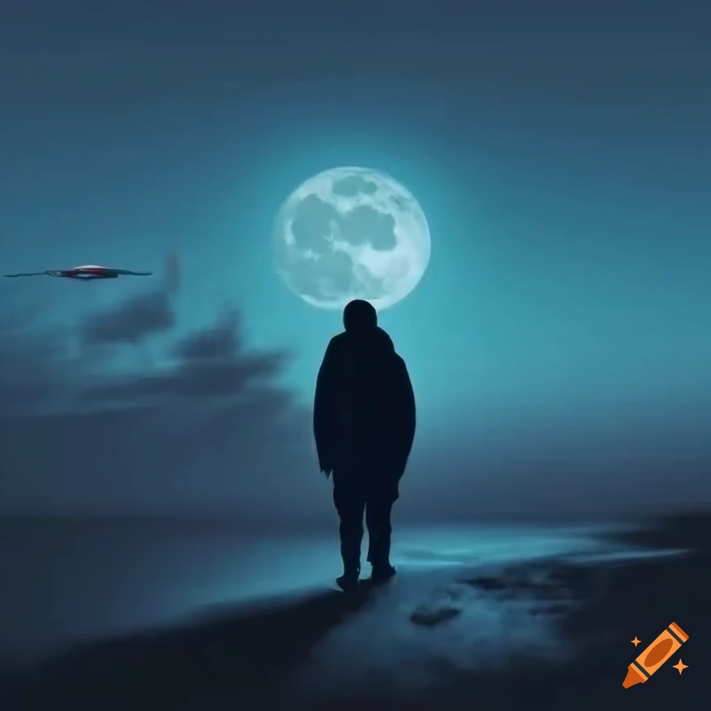 Man walking alone at night with moon and plane in the sky on Craiyon