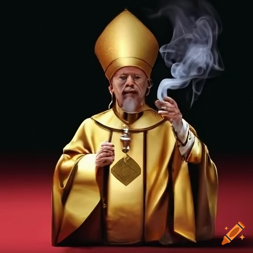 Bishop with a cigarette and golden ashtray on Craiyon