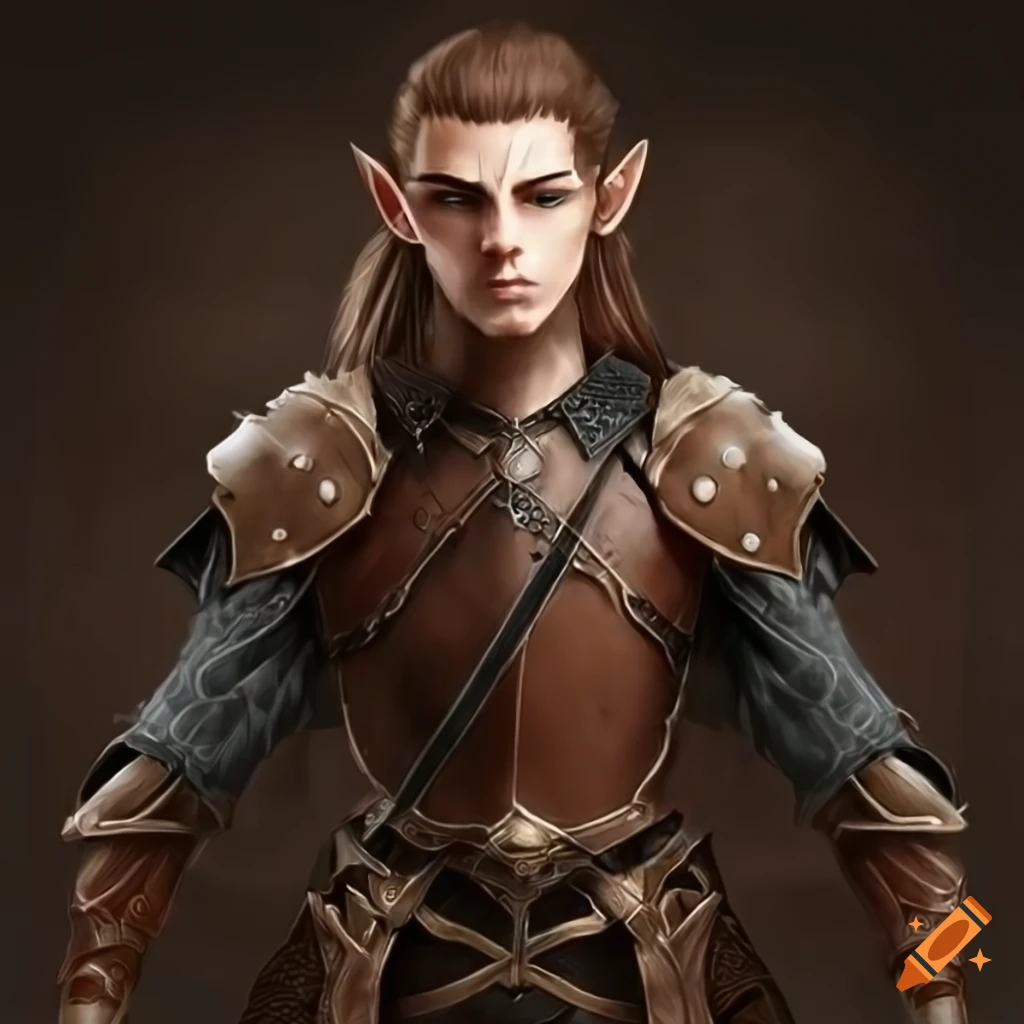 Elf male wearing leather armor with a rapier and shield on Craiyon