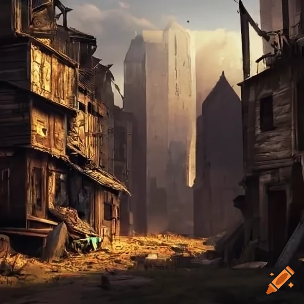 Sunrise over a post-apocalyptic shanty town with repurposed buildings ...
