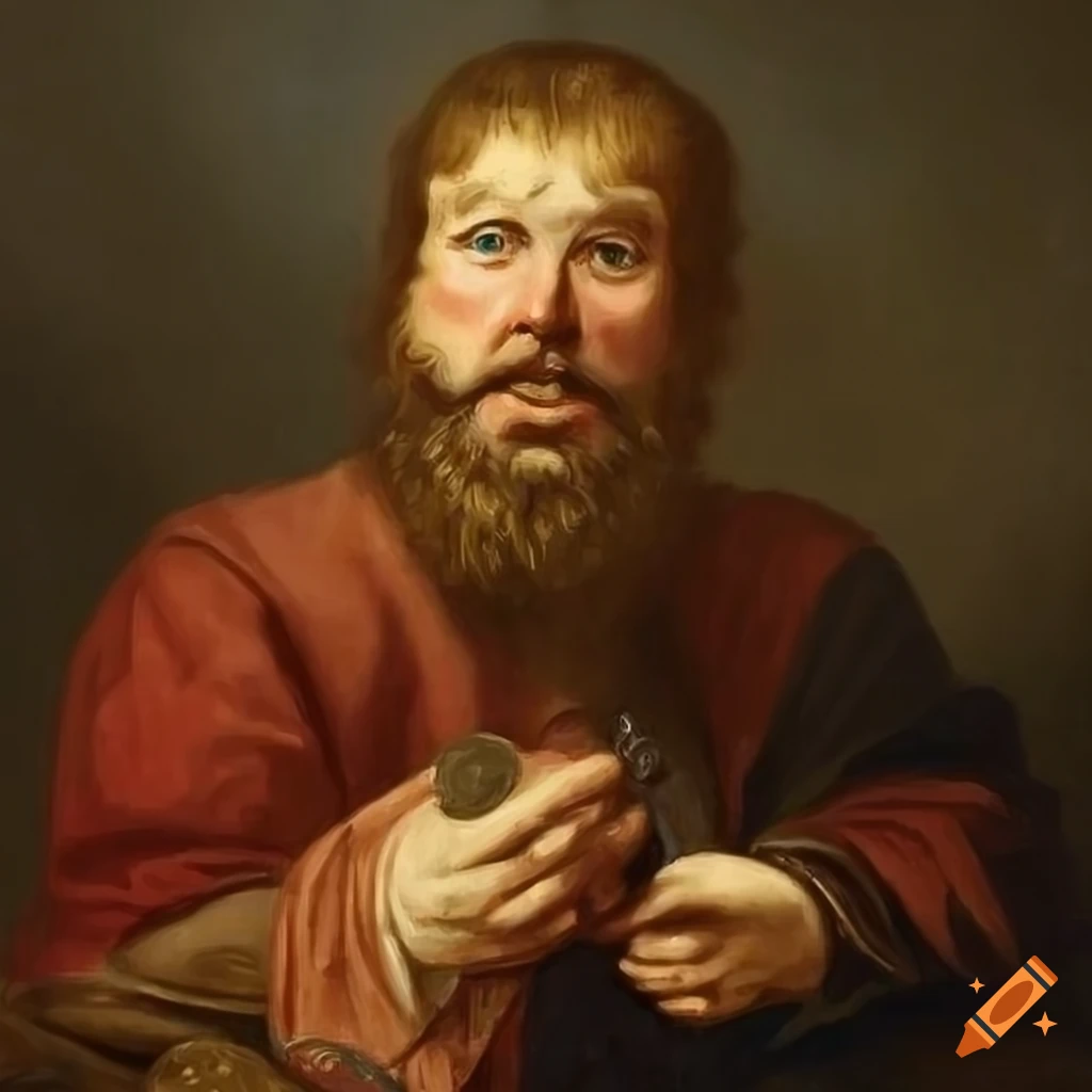 Old masters painting of ancient germanic trader with coins and devious ...