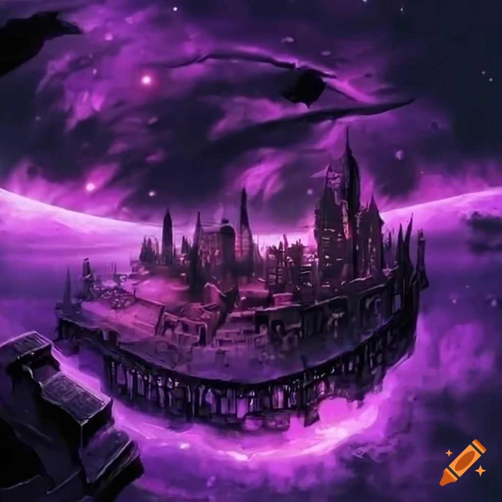 Flying medieval city in space with purple and black eldritch eyes on ...
