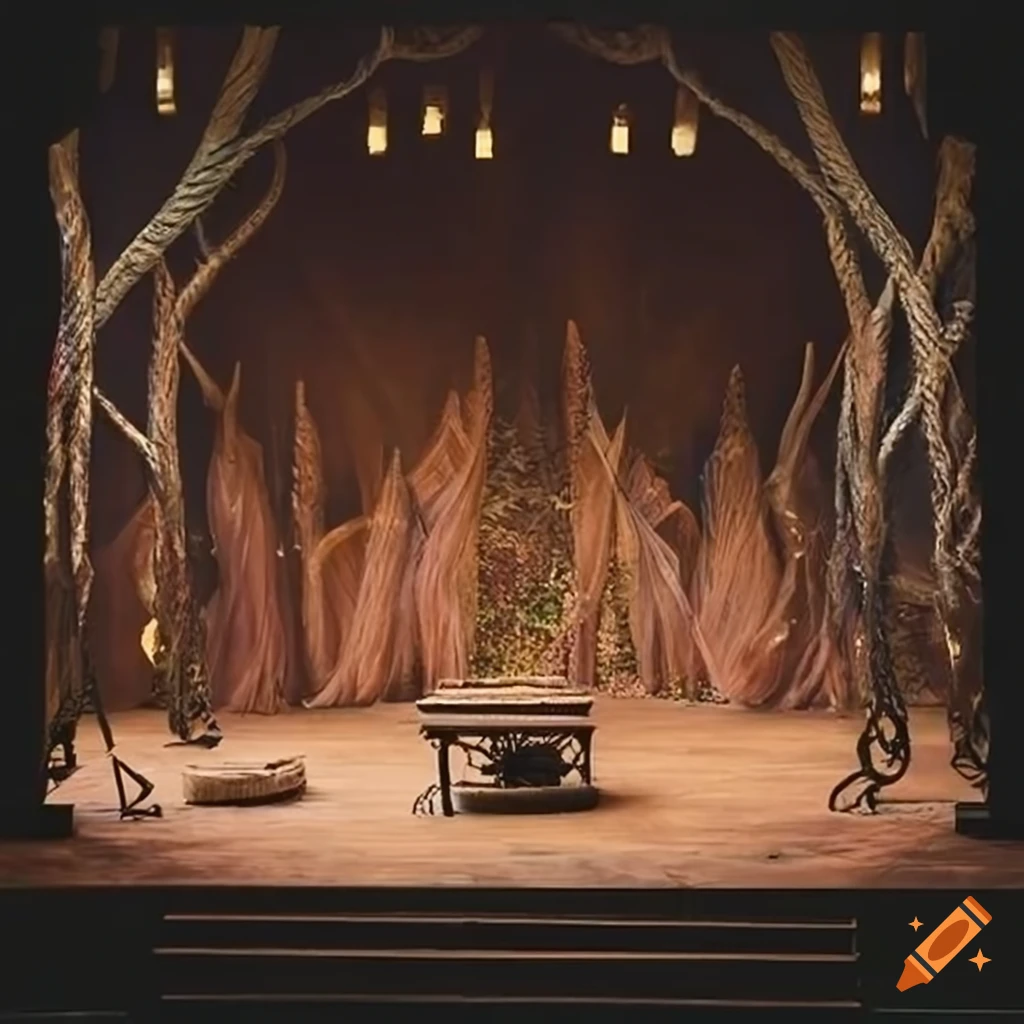 Set design for stage musical into the woods with wood chip floor and ...