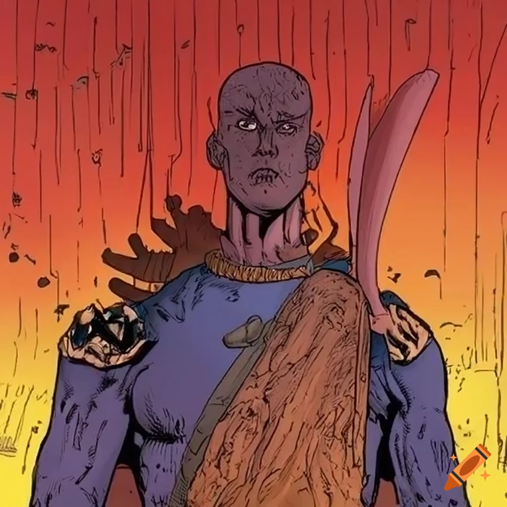 Strong and courageous hero fighting for good in a Moebius comic style ...