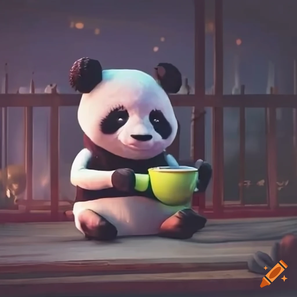 Panda ninja outside dojo drinking green tea by firelight on Craiyon