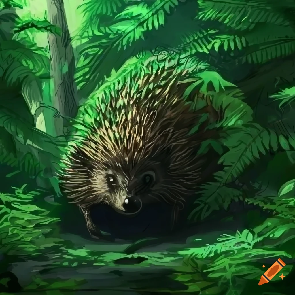 Giant hedgehog covered in ferns and vines walking through lush jungle ...