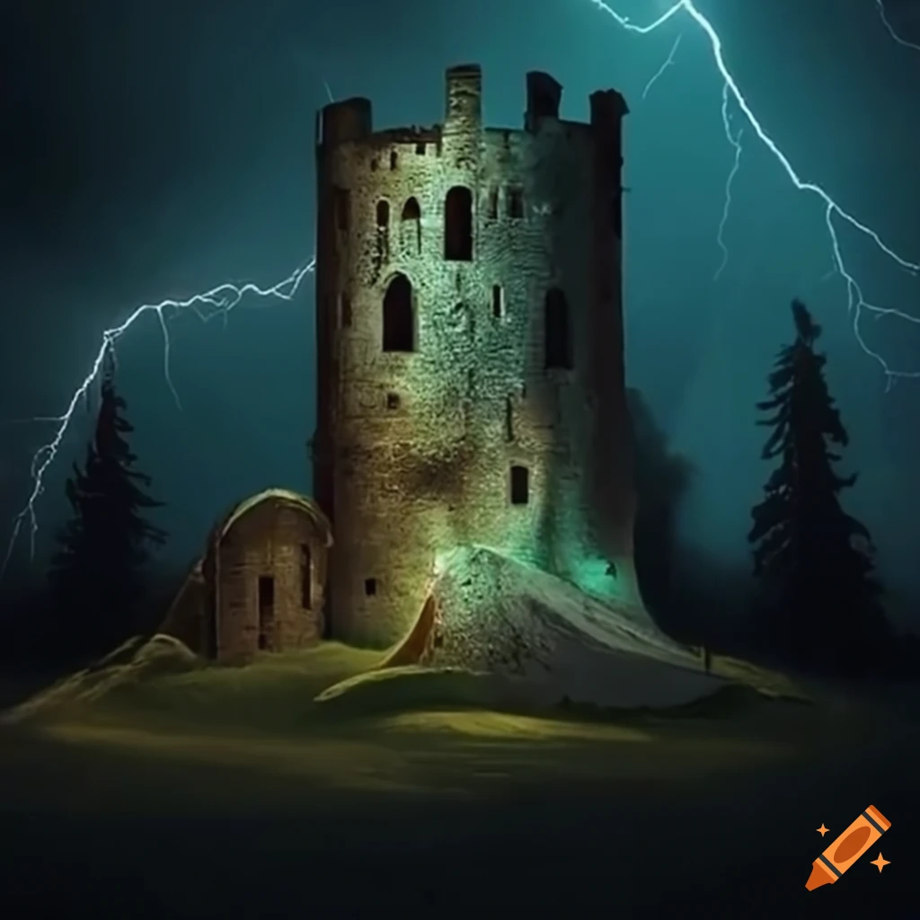 Haunted fortified castle tower struck by lightning in tim burton style ...