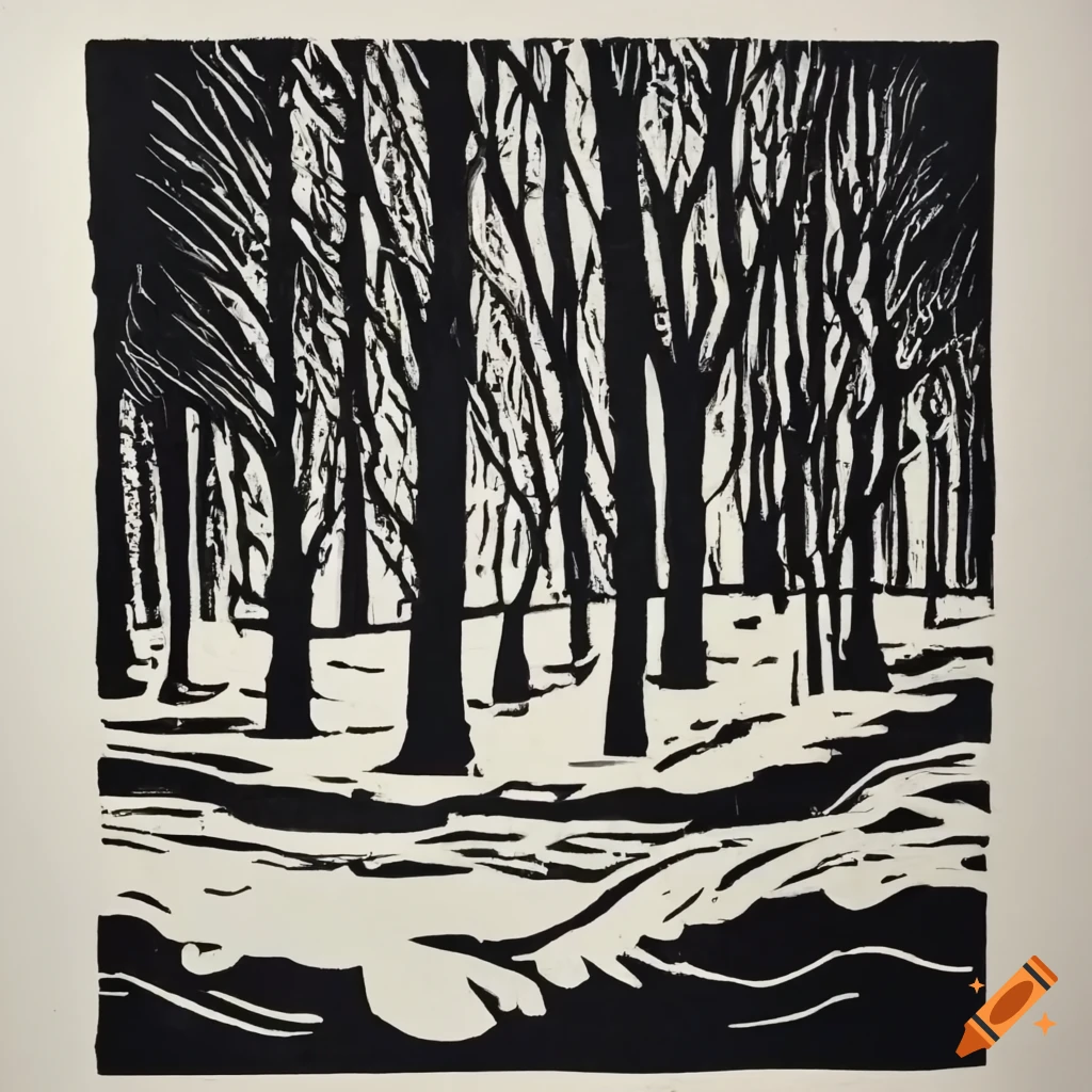 Simple linocut of a winter forest in black and white on Craiyon