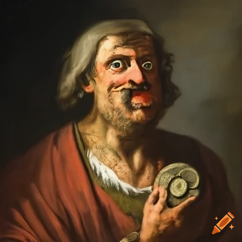 Old masters painting of ancient germanic trader holding coins on Craiyon