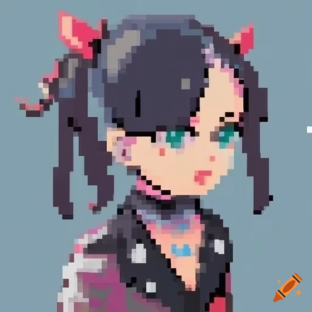 Pixel-art of marnie from pokemon with a cute and playful expression on ...