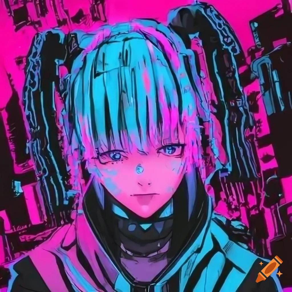 Blue and pink neon anime in black jacket in cyberpunk style on Craiyon