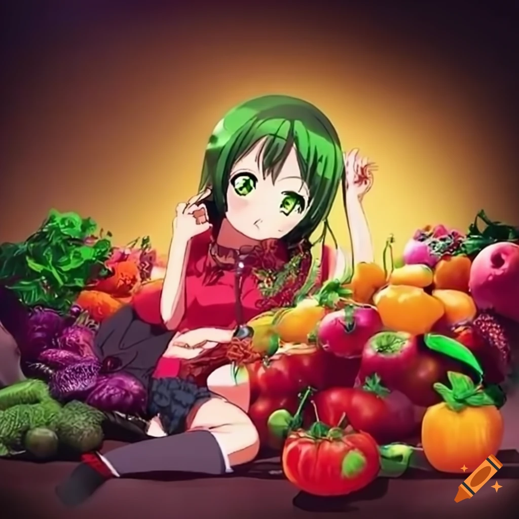 Group of cartoon fruits and vegetables showcasing love and life on Craiyon