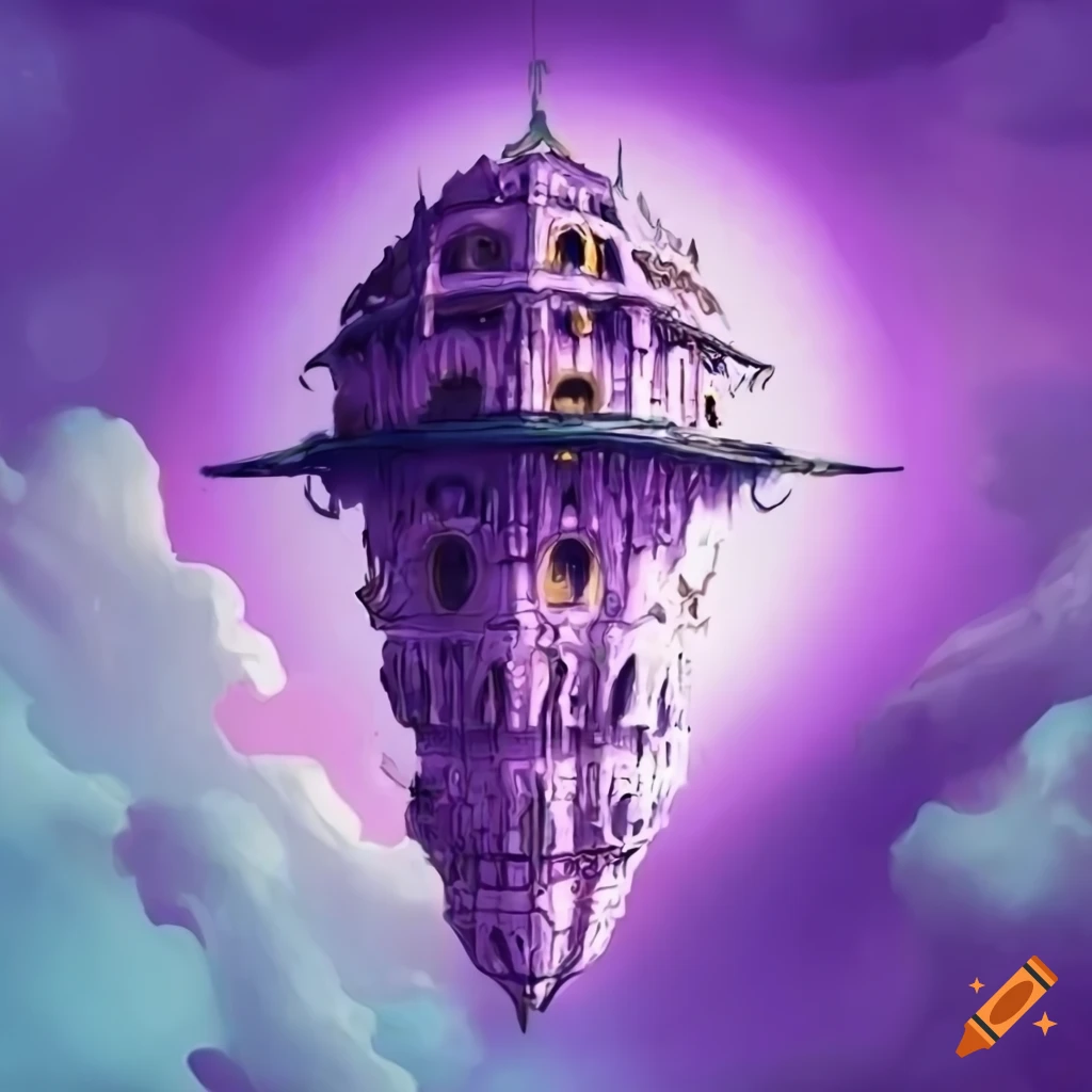 Flying medieval city floating in space with white and pastel purple ...