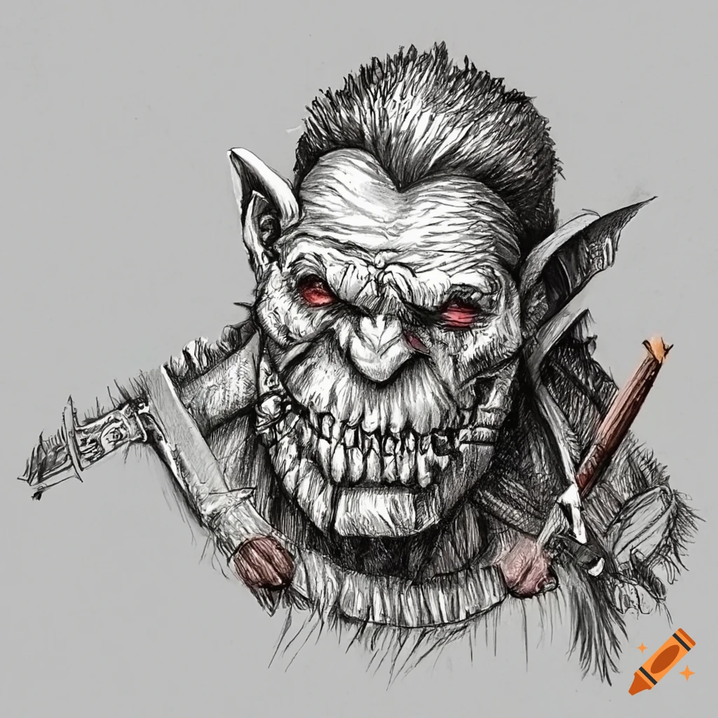 Orc with a knife and flail in a pencil drawing on Craiyon