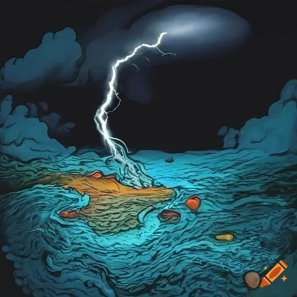 Raging hurricane and waves with lightning over a tropical island in a ...