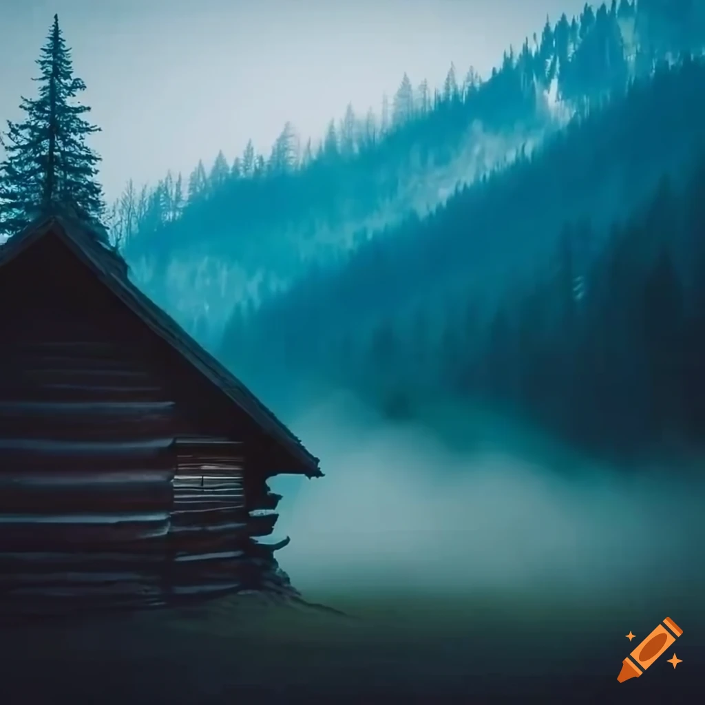 Dense log cabin village hidden behind misty forest with distant mountains on Craiyon