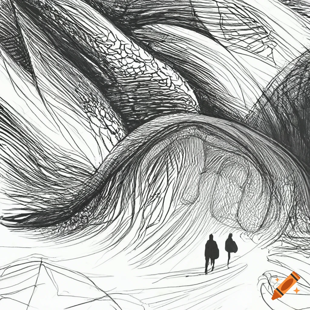 Counter-intuitive landscape design in black and white sketch lines on ...