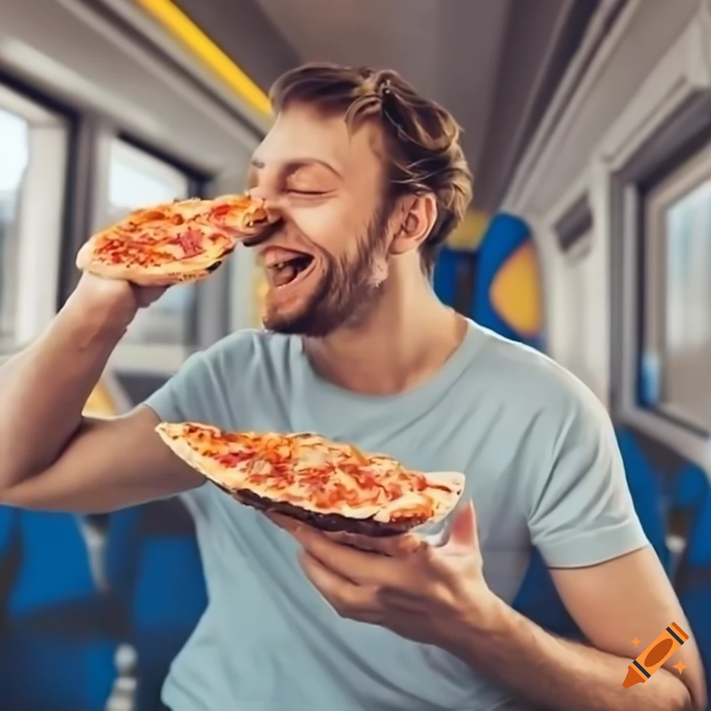 Smiling man enjoying pizza on a train on Craiyon