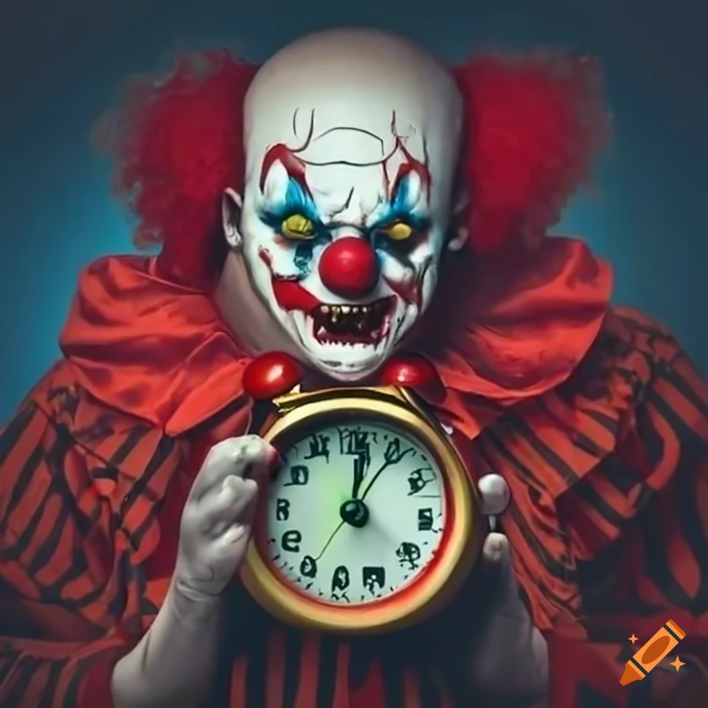 Creepy clown with an alarm clock on Craiyon