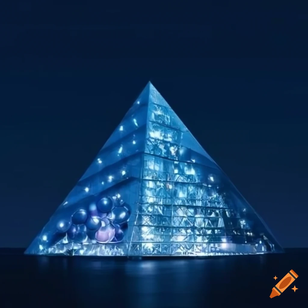 Pyramid-shaped metal and pearl building in a futuristic city at night, minimalist Norwegian ...
