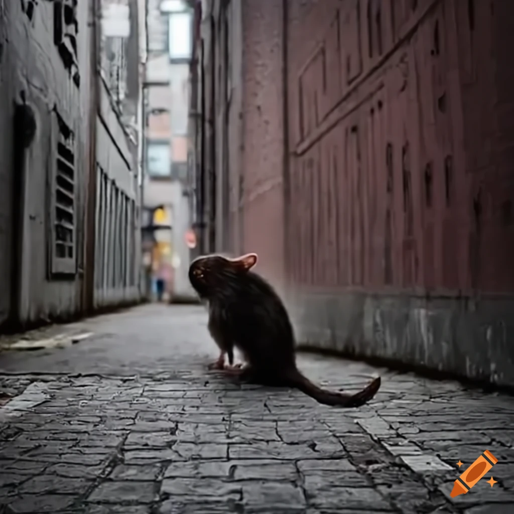 Rat in an alley during the rain, looking back with fear on Craiyon